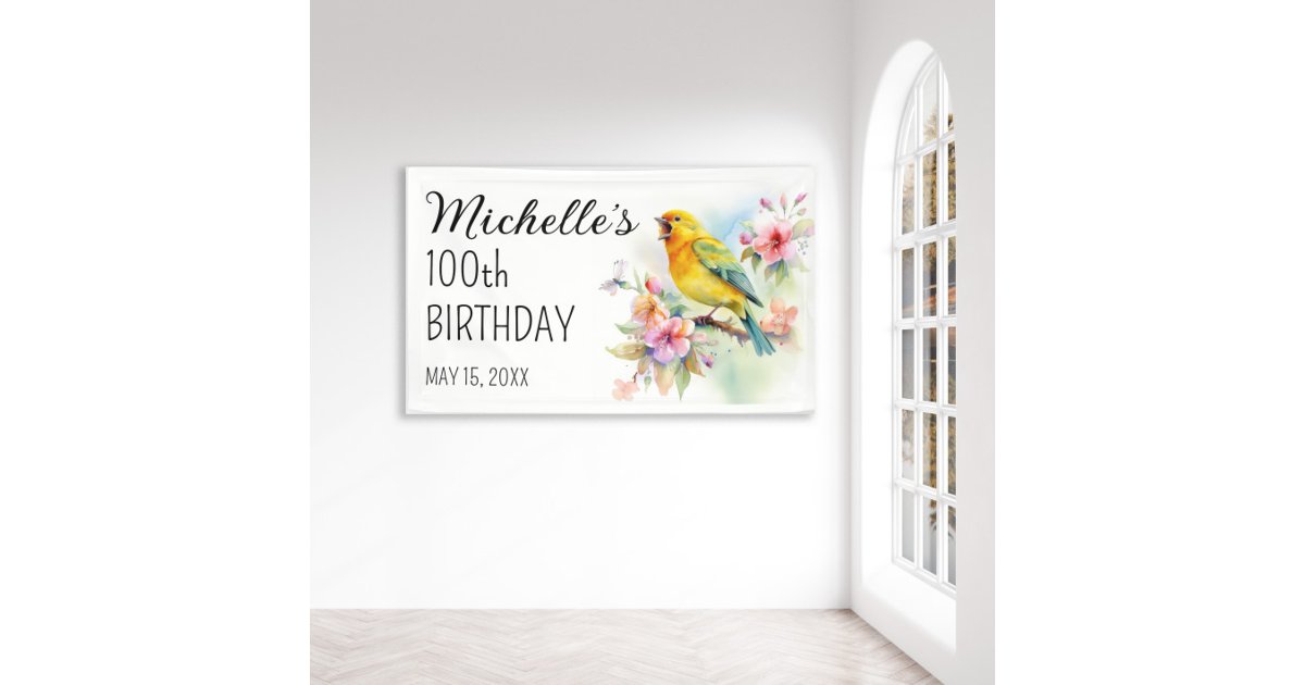 Vintage Birds Canaries Flowers 100th Birthday Banner | Zazzle