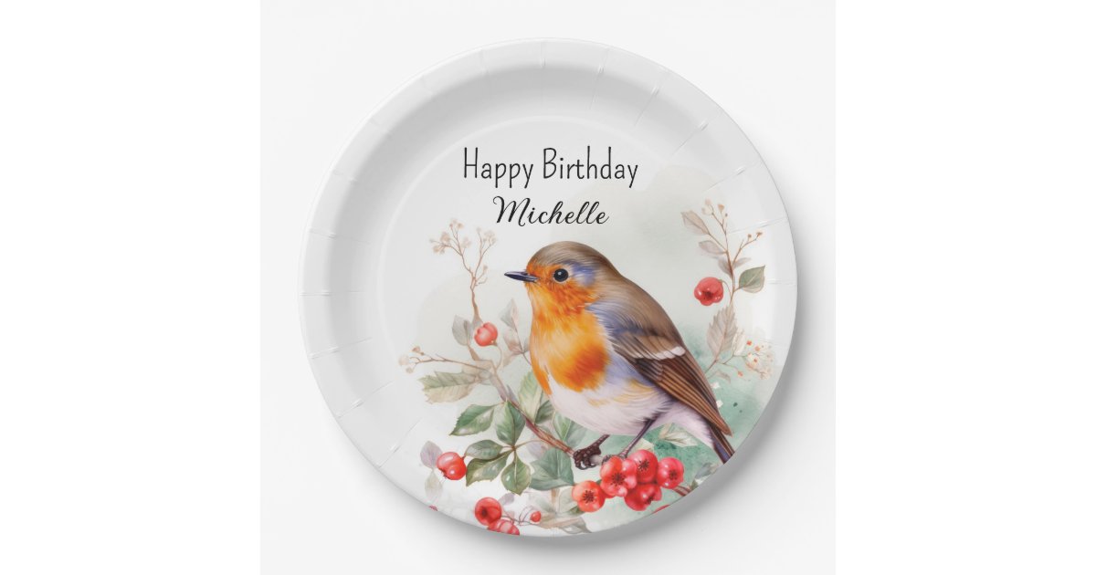 Vintage Birds Robin Redbreast Happy Birthday Name Paper Plates | Zazzle