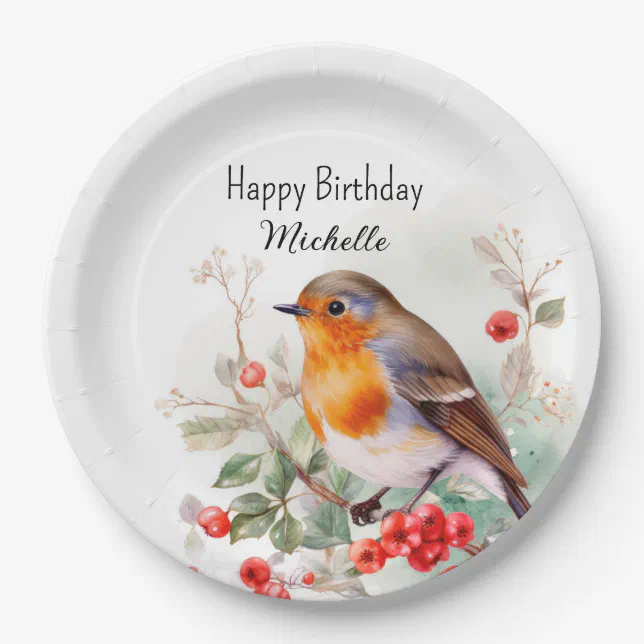 Vintage Birds Robin Redbreast Happy Birthday Name Paper Plates | Zazzle