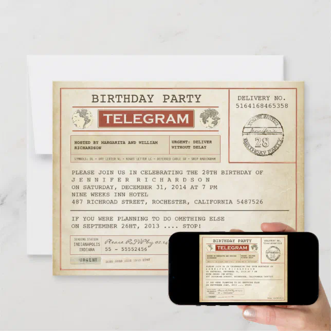 vintage birthday telegram invitation | Zazzle