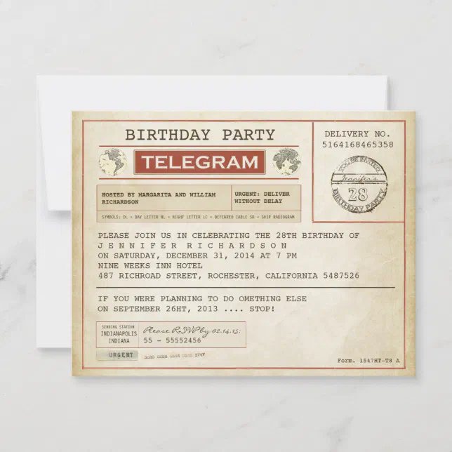 vintage birthday telegram invitation | Zazzle