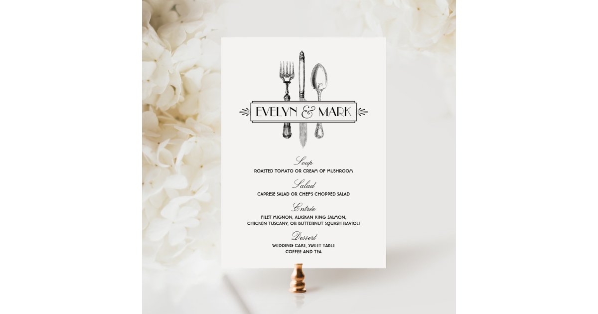 Vintage Black and White Silverware Wedding Menu | Zazzle