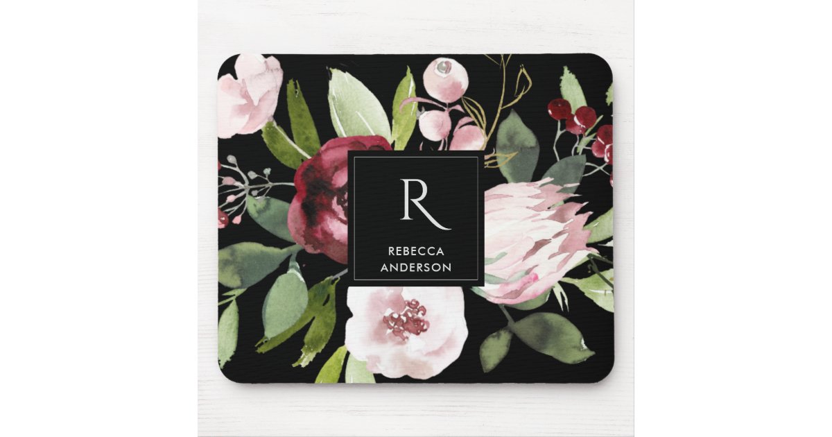 VINTAGE BLACK BLUSH PINK BURGUNDY PROTEA FLORAL MOUSE PAD | Zazzle