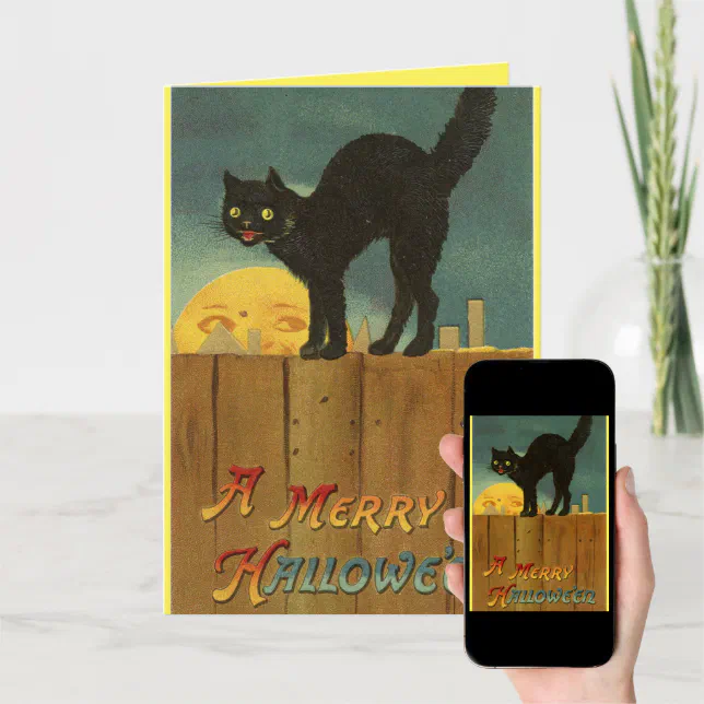 Vintage Black Cat Halloween Card | Zazzle