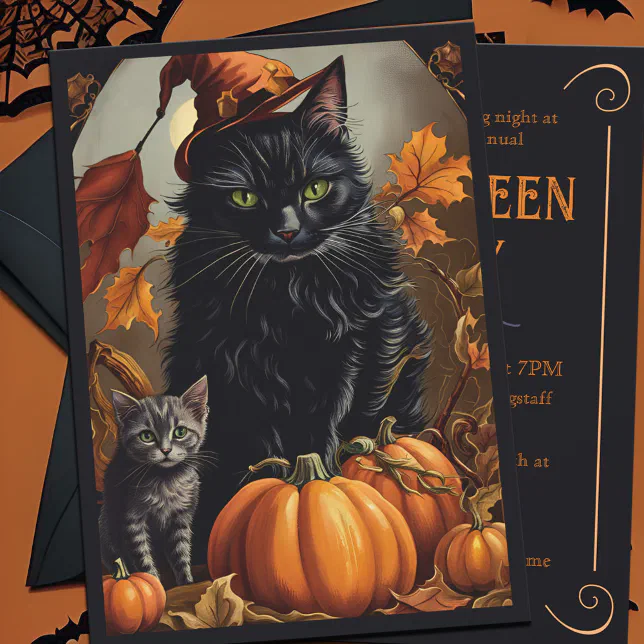 Vintage Black Cat Halloween Party Autumn Witch Hat Invitation | Zazzle