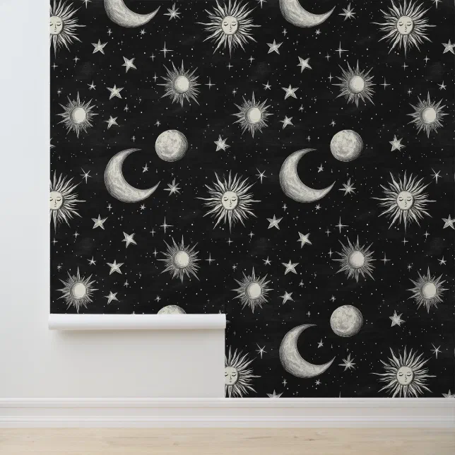 Vintage Black Chalkboard Night Sky Stars & Moons Wallpaper | Zazzle