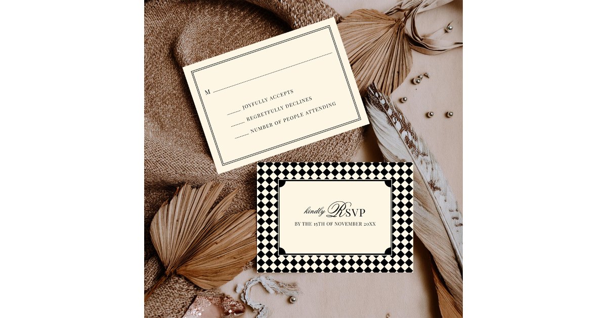 Vintage Black Checkered Old Money Wedding Mail In RSVP Card | Zazzle
