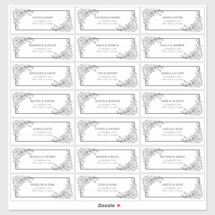 Vintage Black Floral Line Art Guest Address Sticker | Zazzle