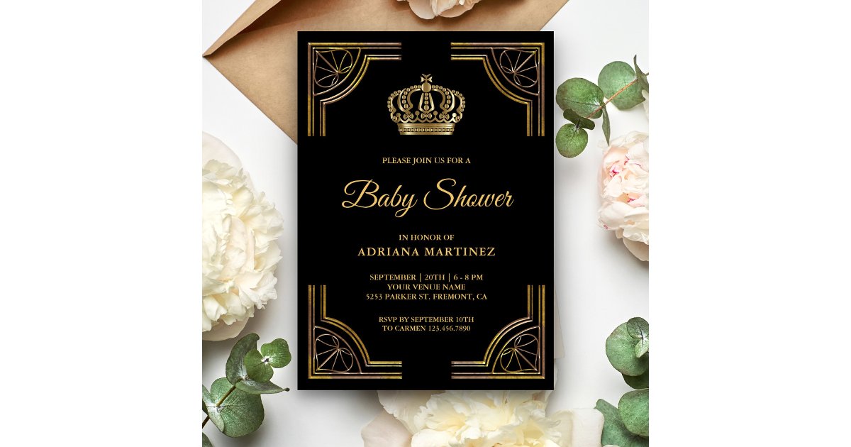 Vintage Black Gold Ornate Crown Baby Shower Invitation | Zazzle