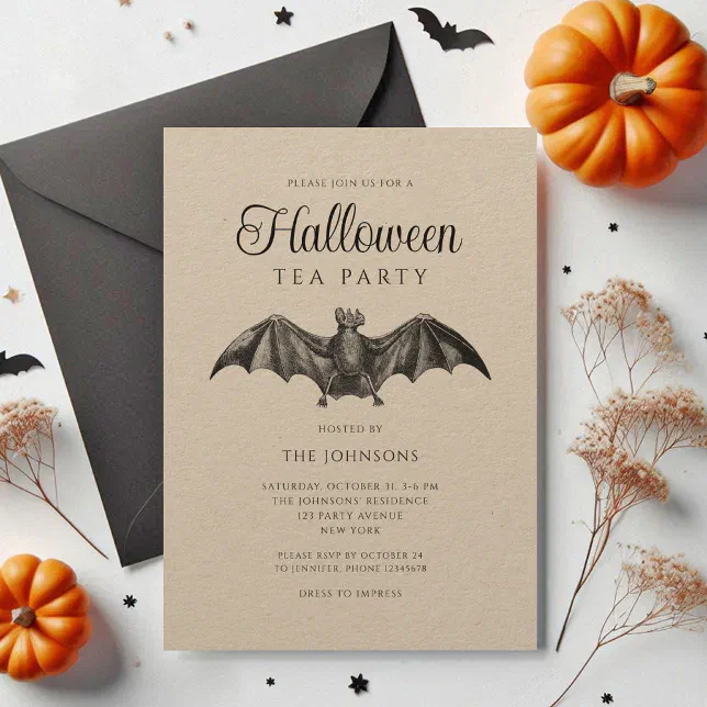 Vintage Black Gothic Bat Tea Party Halloween Invitation | Zazzle