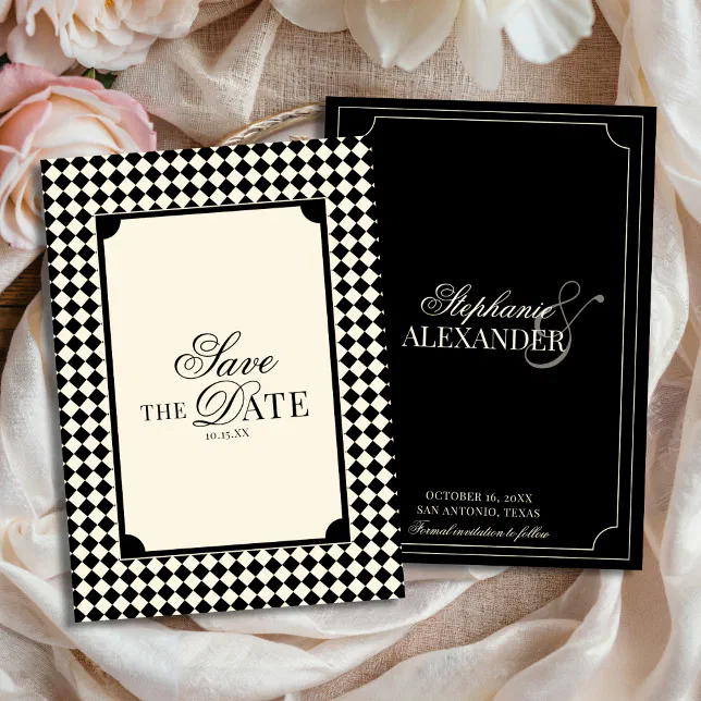 Vintage Black & Ivory Checkered Old Money Wedding Save The Date | Zazzle