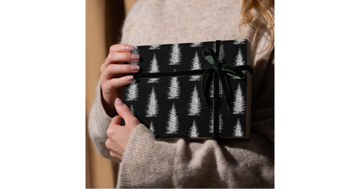 Vintage black minimalistic spruce merry christmas wrapping paper | Zazzle