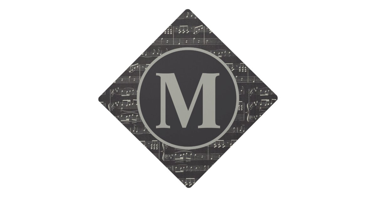 Vintage Black music note Pattern Monogram Graduation Cap Topper | Zazzle