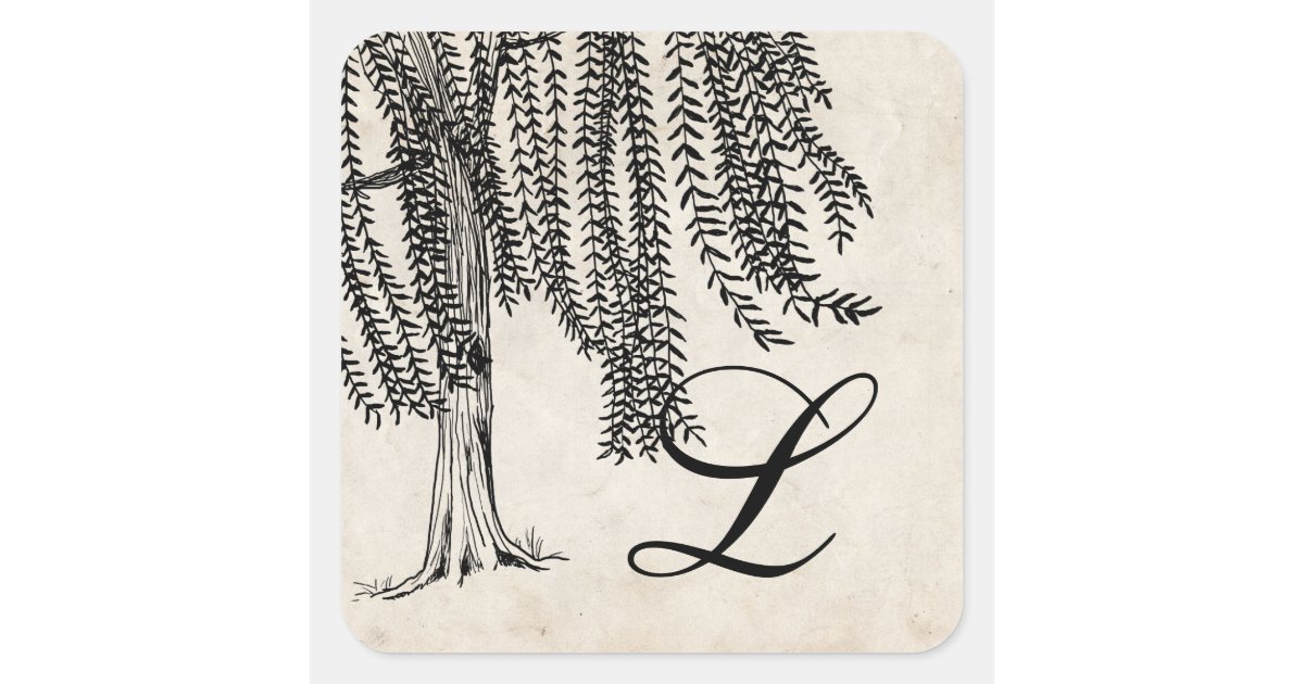 Vintage Black Weeping Willow Tree Monogram Square Sticker | Zazzle