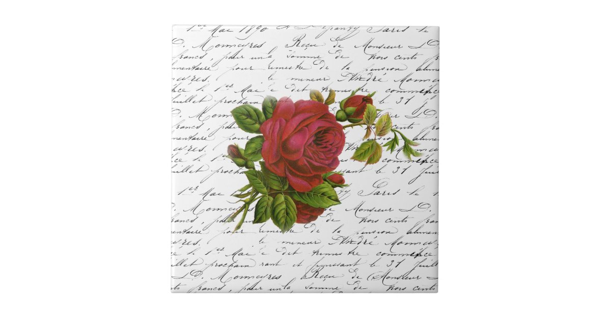 Vintage Black White French Typography Red Rose Ceramic Tile | Zazzle