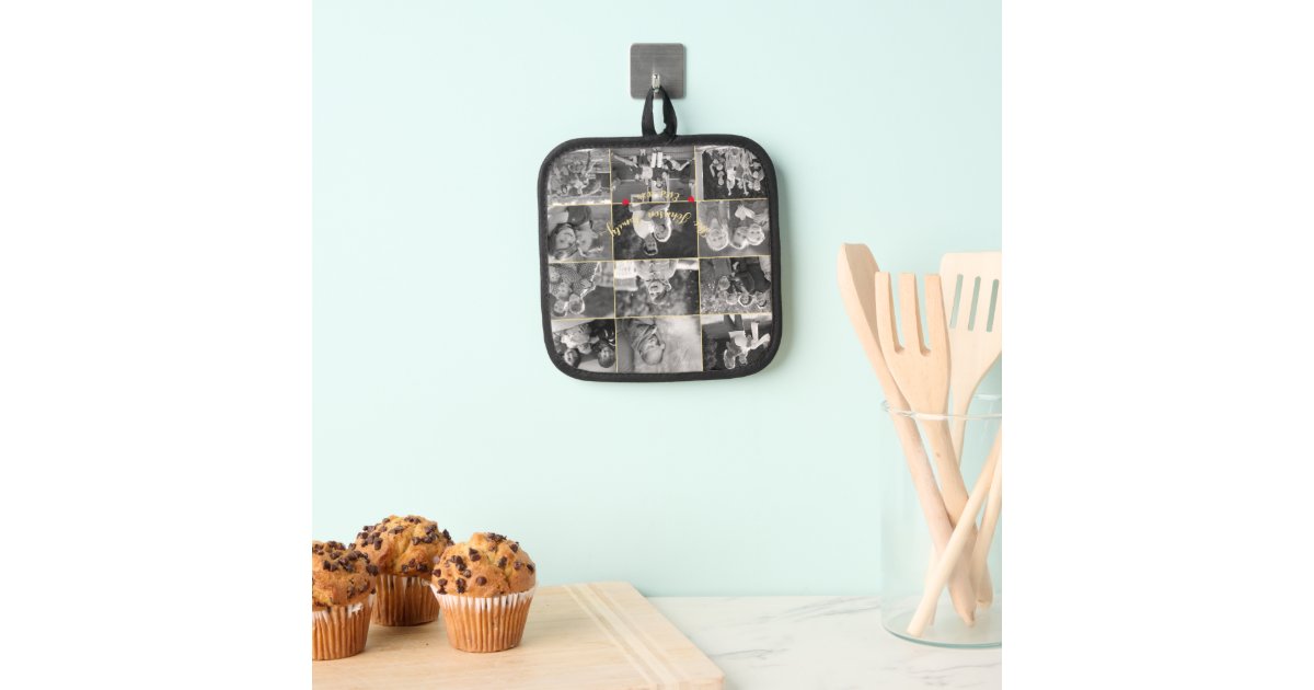 Vintage Black White Gold Monogram 12 Photo Collage Pot Holder | Zazzle