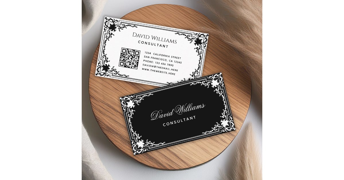 Vintage Black White QR Code Elegant Script Antique Business Card | Zazzle
