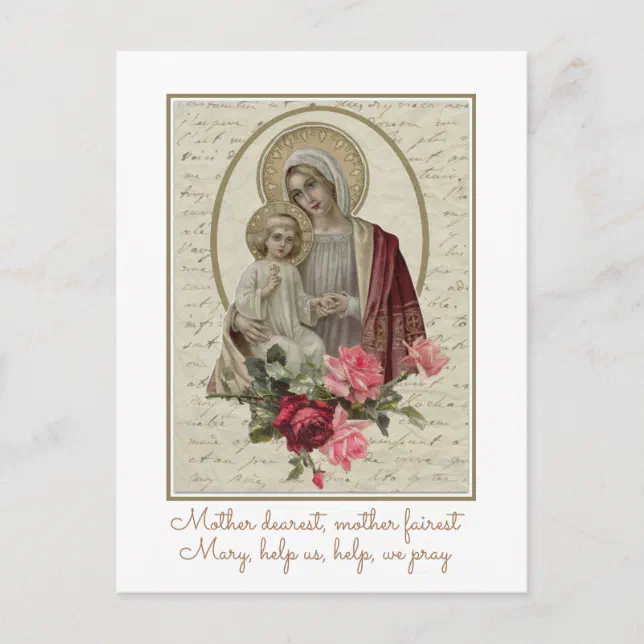Vintage Blessed Virgin Mary with Jesus Red Roses Postcard | Zazzle