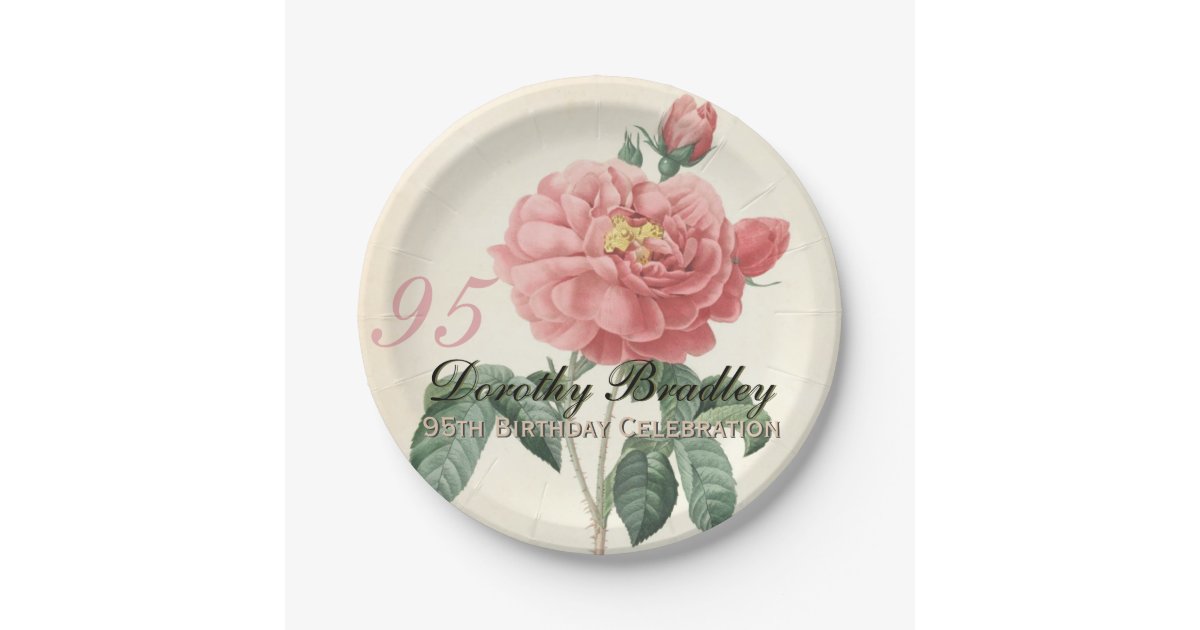 Vintage Blooming Rose 95th Birthday Party PP Paper Plates | Zazzle