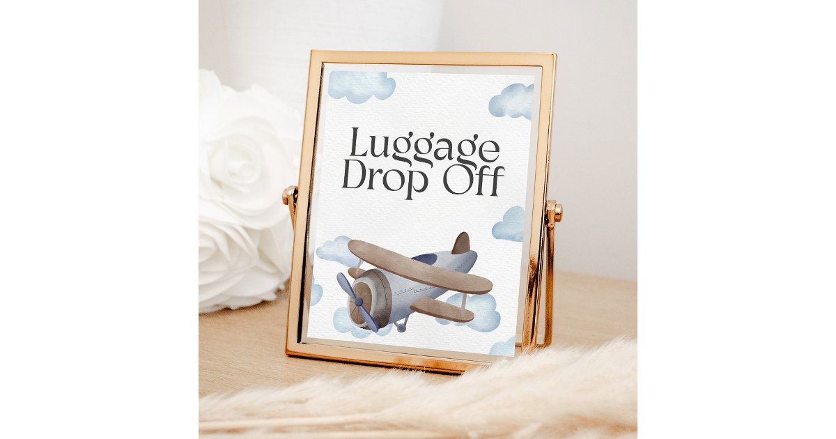 Vintage Blue Airplane Luggage Drop Off Party Sign | Zazzle