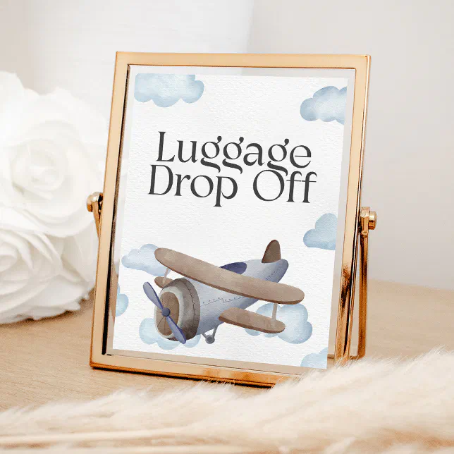 Vintage Blue Airplane Luggage Drop Off Party Sign | Zazzle