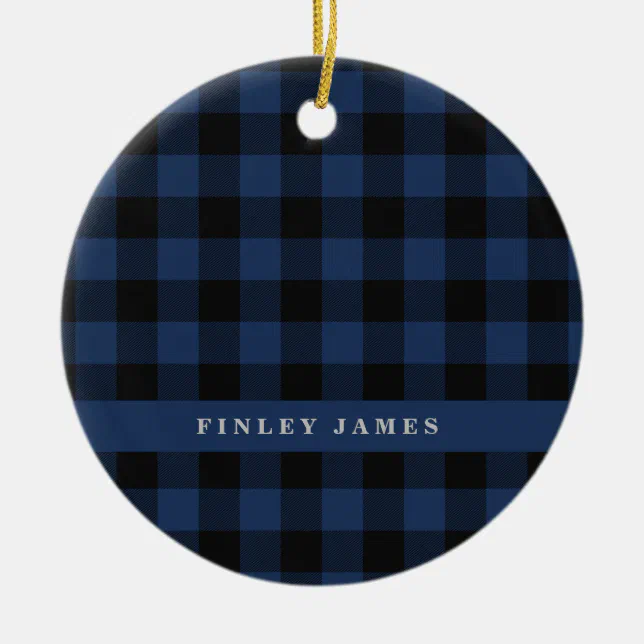 Vintage Blue and Black Buffalo Plaid Personalized Ceramic Ornament | Zazzle