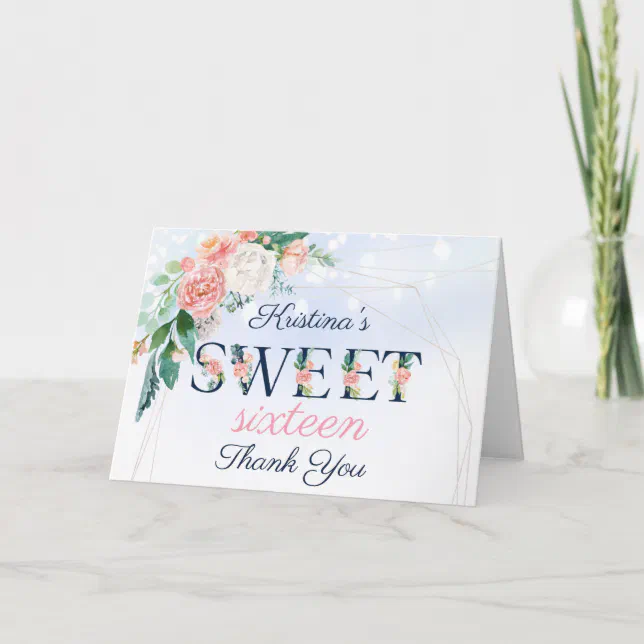 Vintage Blue and Pink Floral Sweet 16 Thank You Card | Zazzle