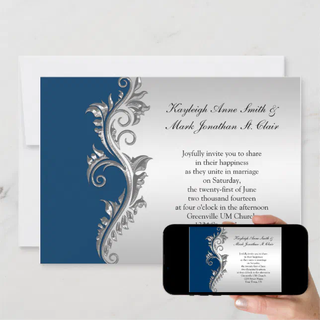 Vintage Blue and Silver Wedding Invitation | Zazzle