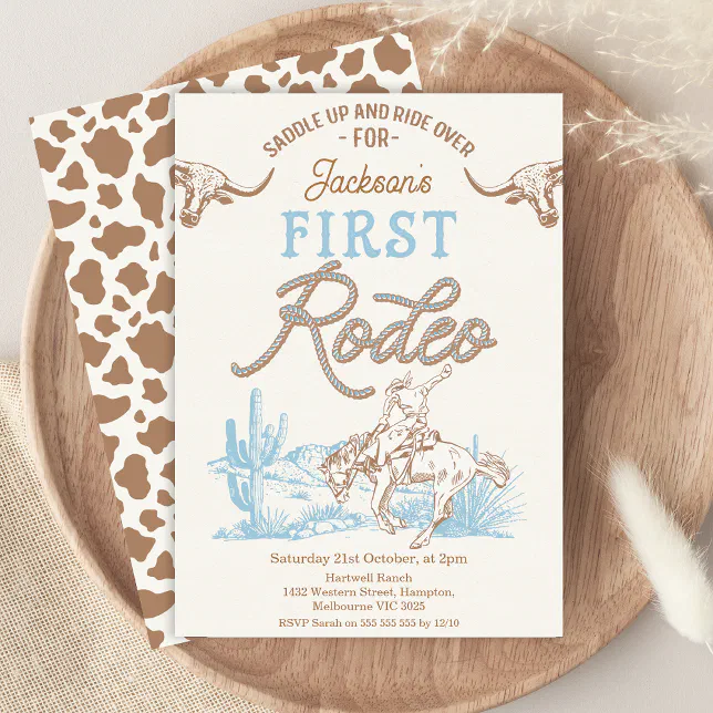 Vintage Blue Brown Cowboy First Rodeo 1st Birthday Invitation | Zazzle