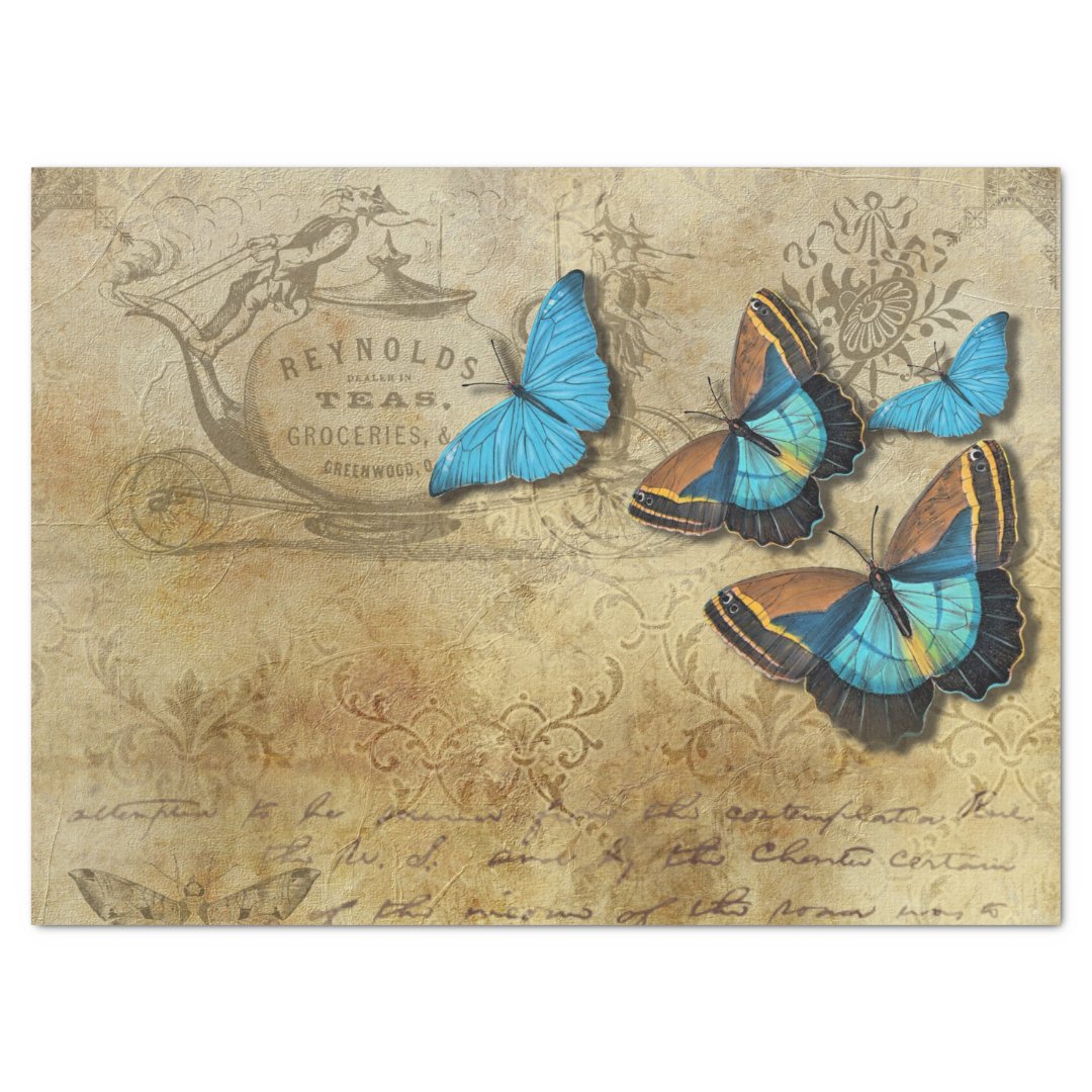 Vintage Blue Butterflies Decoupage Tissue Paper | Zazzle