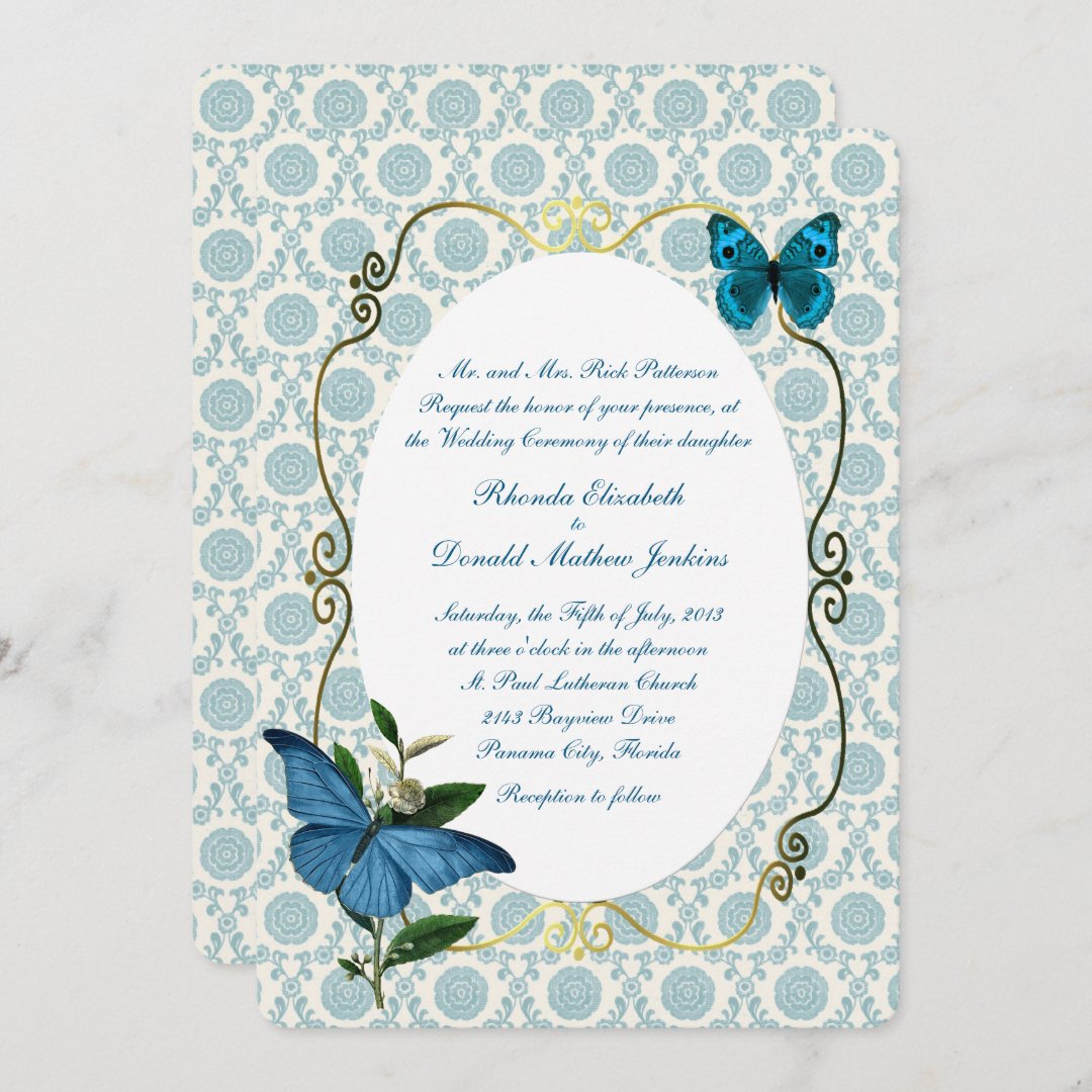 Vintage Blue Butterflies Wedding Invitation | Zazzle