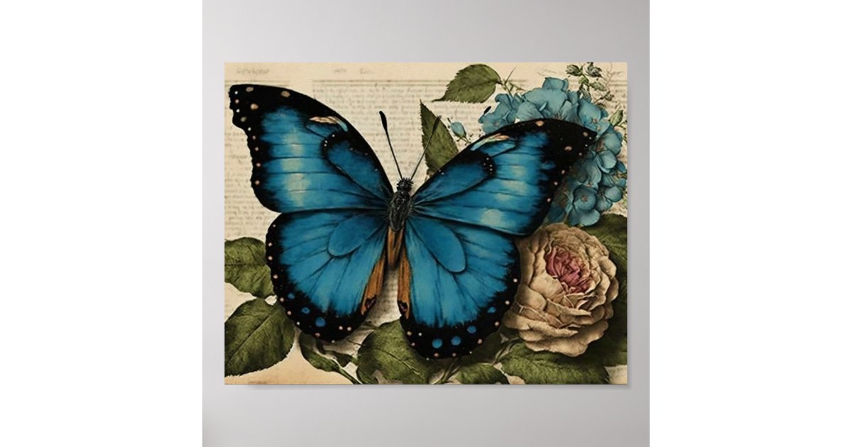 Vintage Blue Butterfly Pink Rose Blue Hydrangea Poster | Zazzle