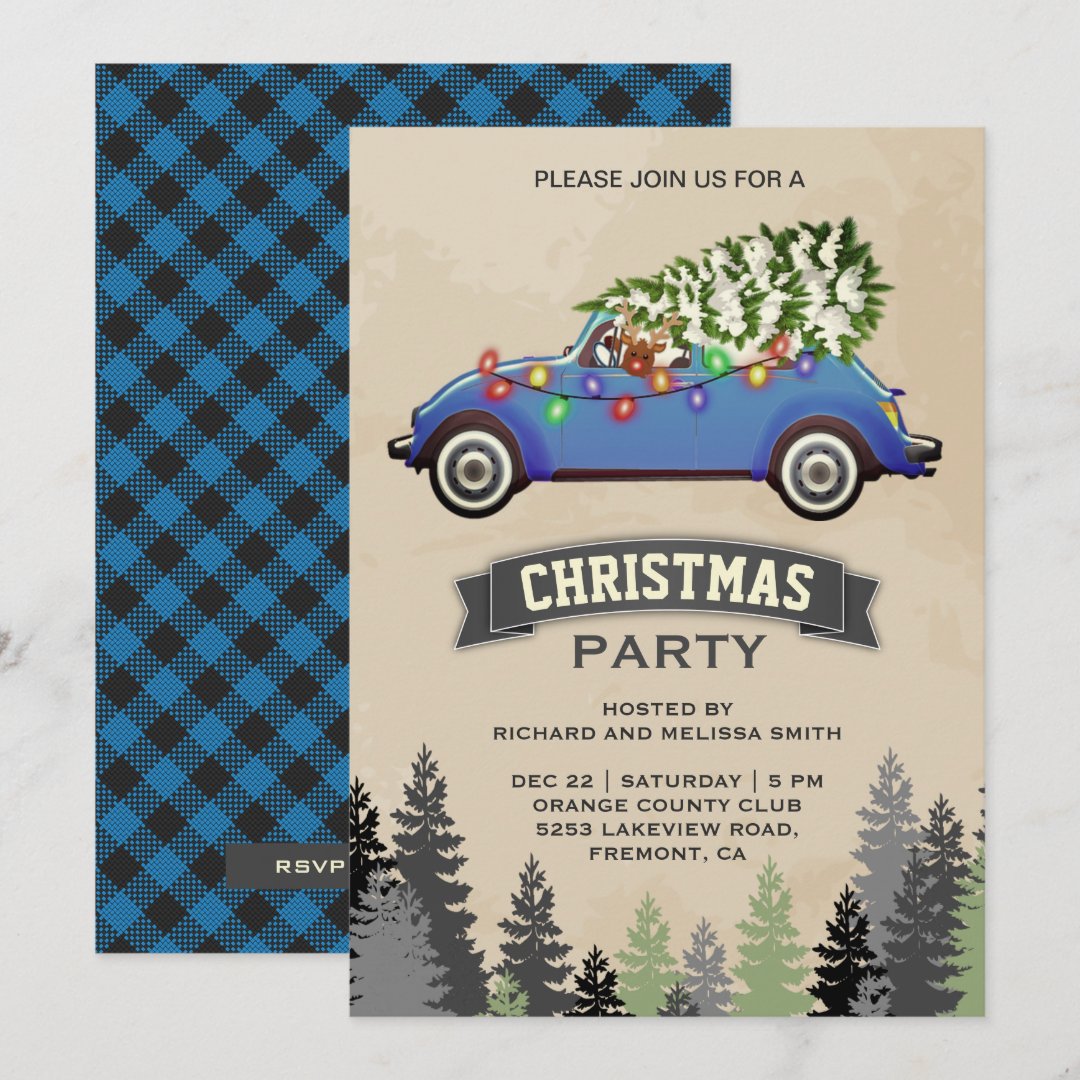 Vintage Blue Car Christmas Party Invitation | Zazzle