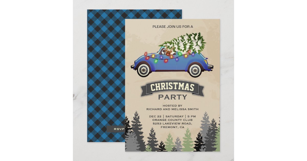 Vintage Blue Car Christmas Party Invitation | Zazzle