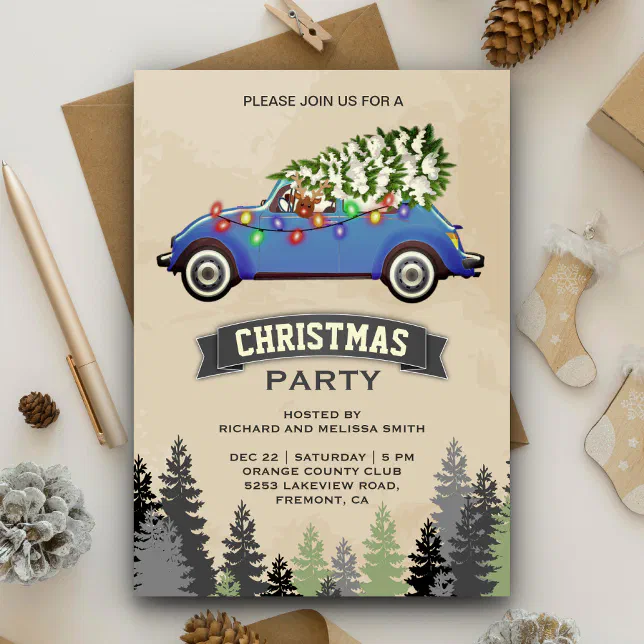 Vintage Blue Car Christmas Party Invitation | Zazzle