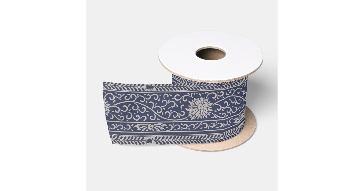 Vintage Blue Chinoiserie Floral Satin Ribbon | Zazzle