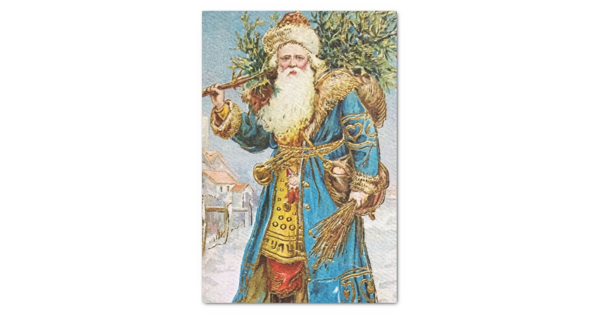 Vintage Blue Coat Santa Claus with Christmas Tree Tissue Paper | Zazzle