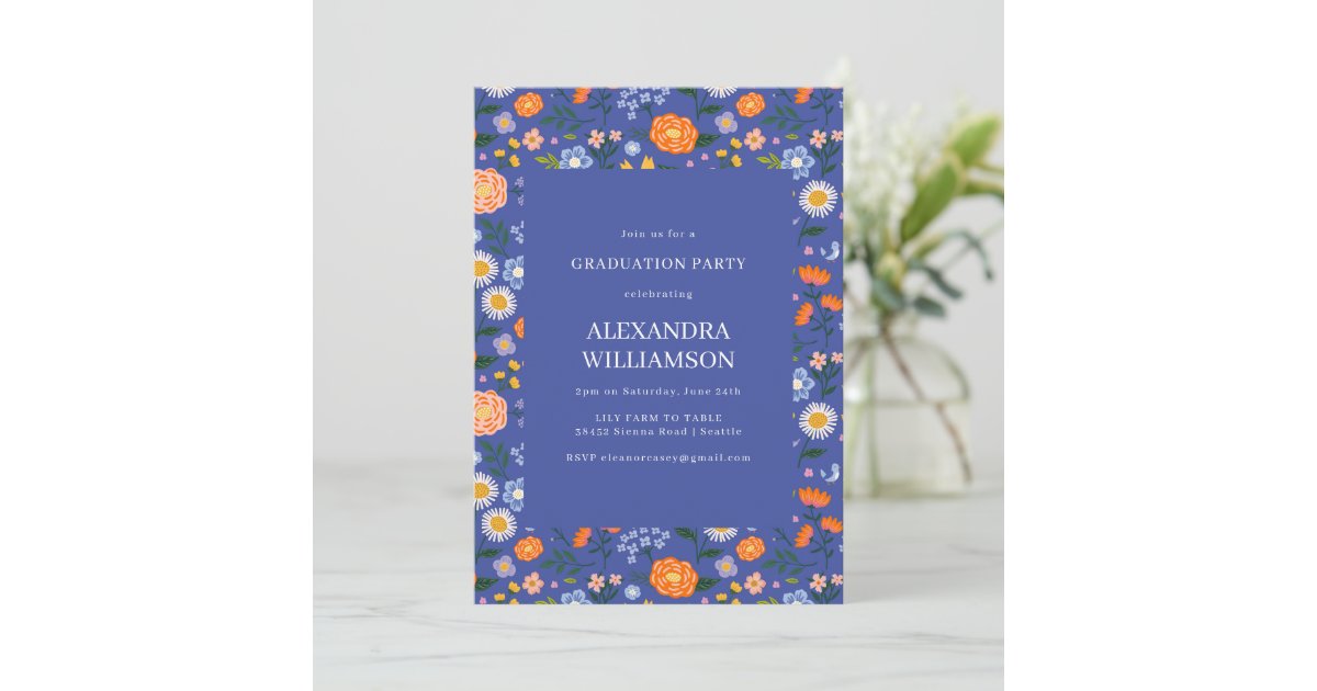 Vintage Blue Cottagecore Floral Graduation Party Invitation | Zazzle