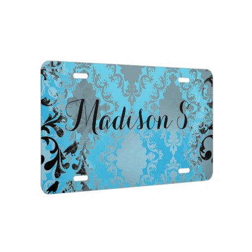 Vintage Blue Damask Distressed License Plate | Zazzle