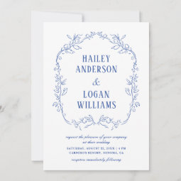 Vintage Blue Floral Frame Elegant Wedding Invitation | Zazzle