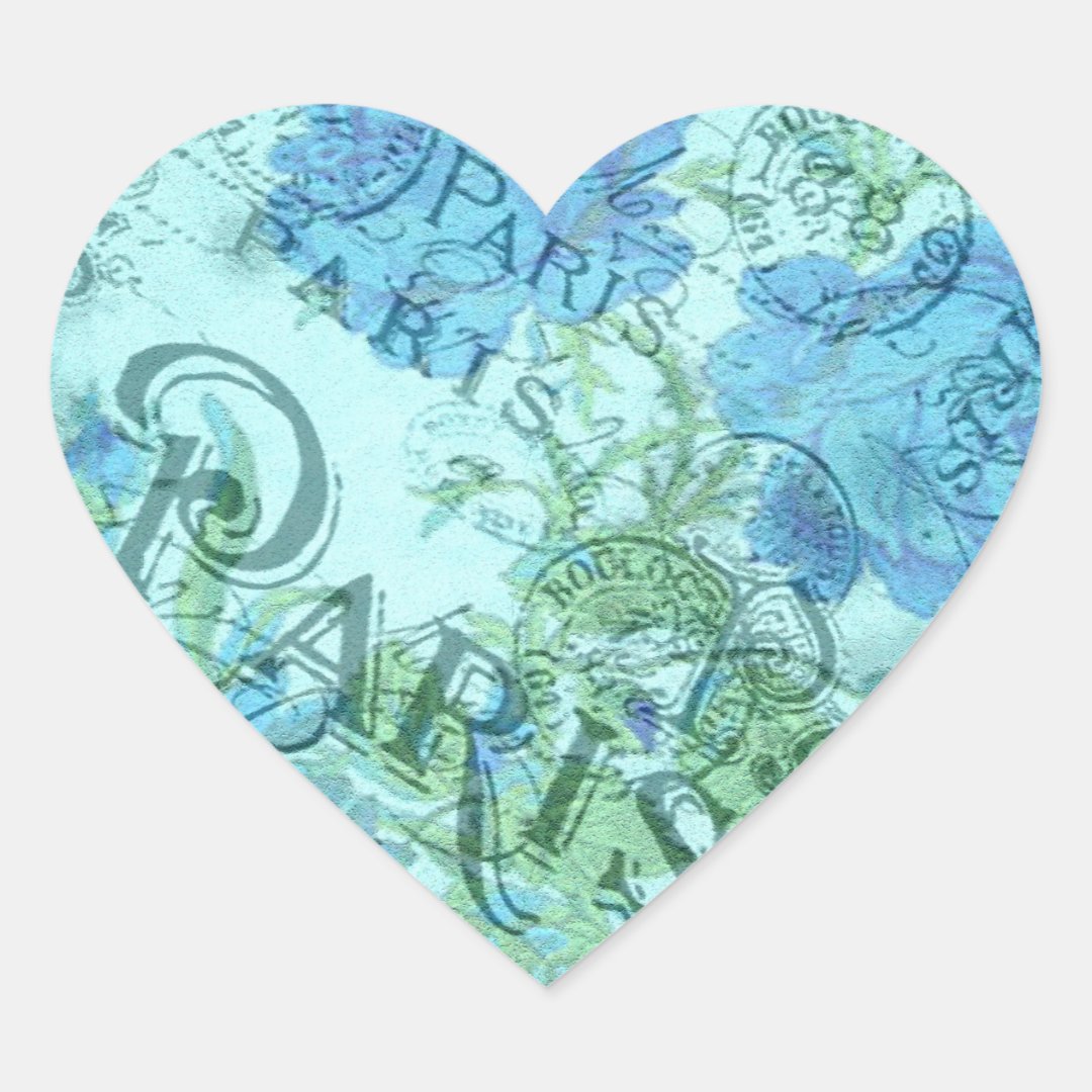 Vintage Blue Floral French Paris Postmark Pattern Heart Sticker | Zazzle