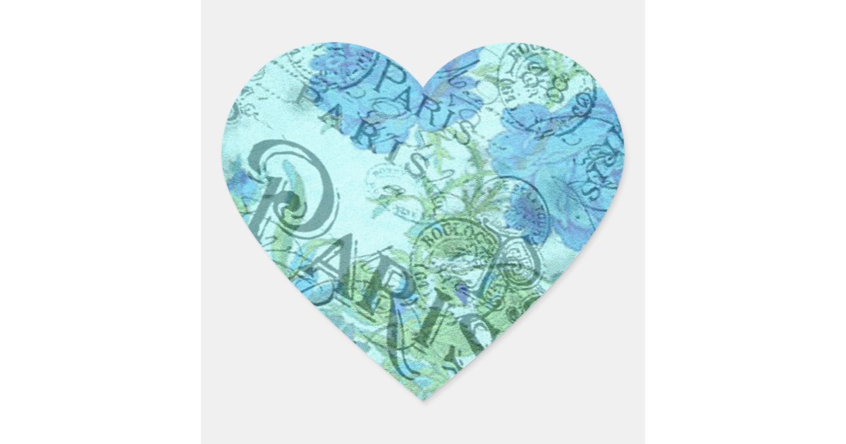 Vintage Blue Floral French Paris Postmark Pattern Heart Sticker | Zazzle