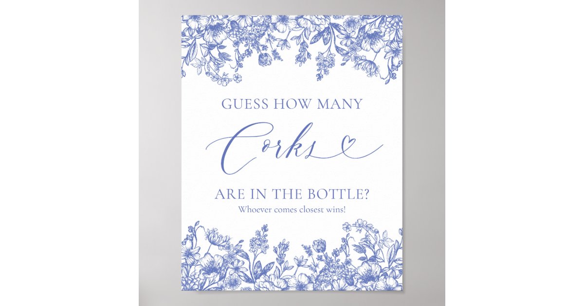Vintage Blue Floral Guess How Many Corks Game Sign | Zazzle