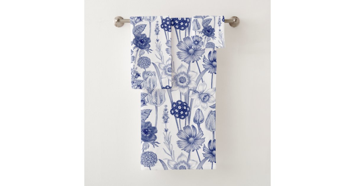 Vintage blue floral pattern bath towel set | Zazzle