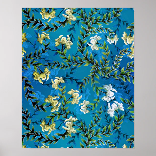 Vintage Blue Floral Pattern Illustration Poster | Zazzle