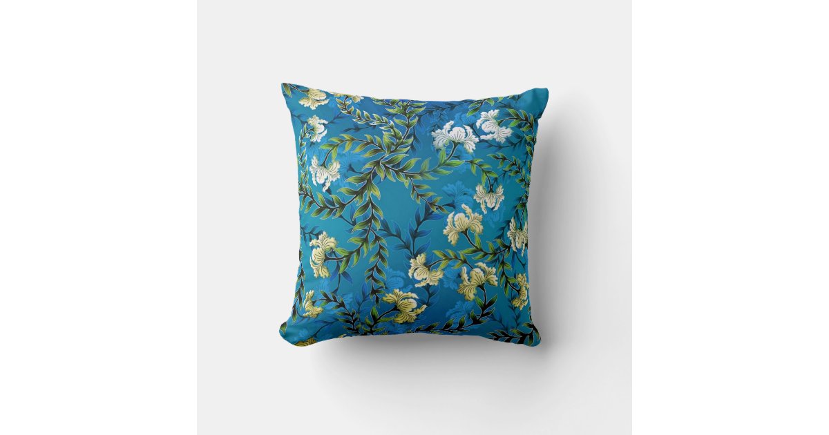 Vintage Blue Floral Pattern Illustration Throw Pillow | Zazzle