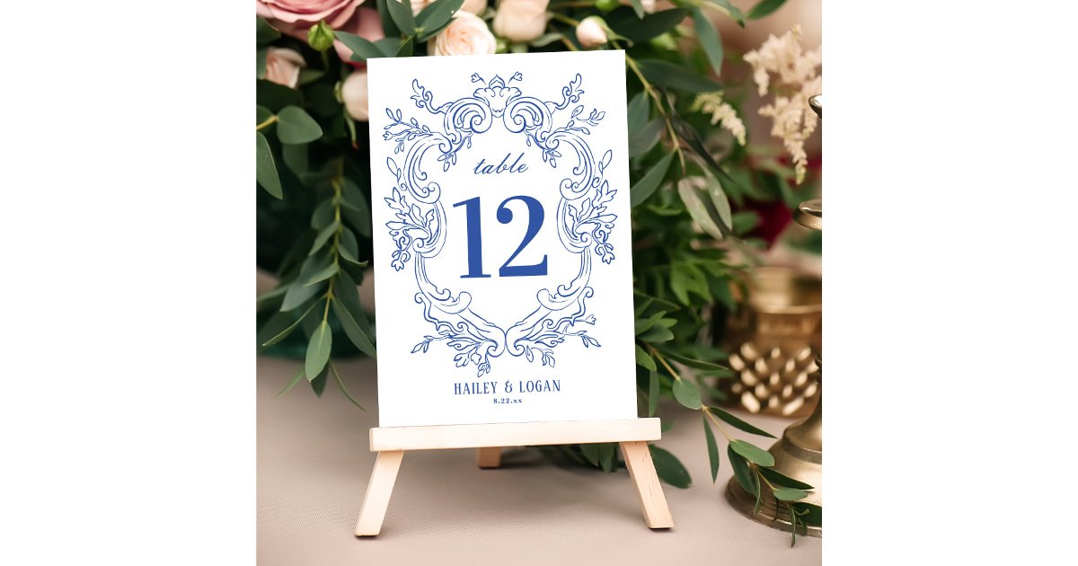 Vintage Blue Floral Wedding Table Number | Zazzle