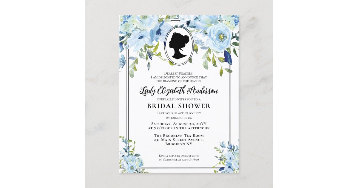 Vintage Blue Florals Regency Era Bridal Shower Postcard | Zazzle