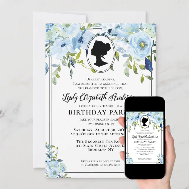 Vintage Blue Florals Regency Society Birthday Invitation | Zazzle