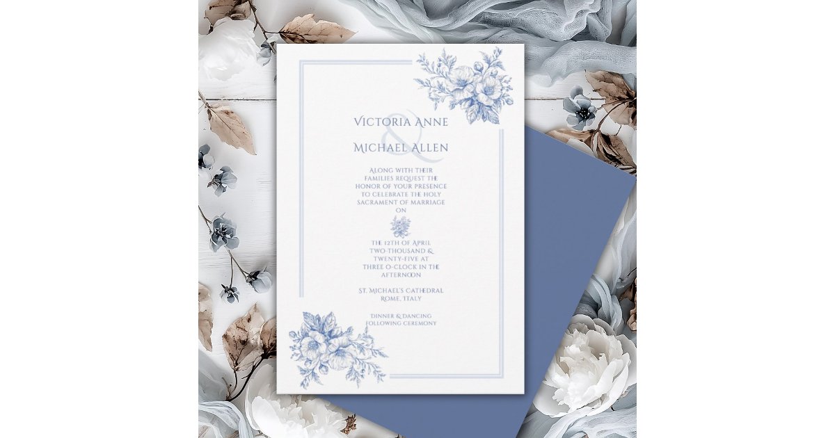 Vintage Blue Frame Floral Elegant Wedding Invitation | Zazzle